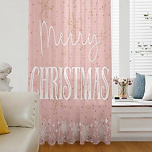 Merry Christmas Semi Sheer Curtains Drapes for Living Room, Bedroom, French Doors Window 96 Inches Long, Rod Pocket Chiffon Curtain Drapery Voile Draperies Panel Blush Pink Gold Winter Snowflake