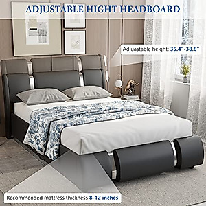 Modern Full Size LED Bed Frame, Upholstered Platform Bed Frame with Adjustable Headboard, Wooden Slats Support, No Box Spring Needed, Black