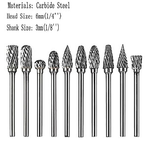 Luo ke 10 pcs Aluminum Cutting Burs - 1/8'' Shank Double Slot Tungsten Carbide Burrs Drill Bit Set for Dremel Rotary Tools