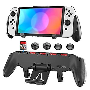 Switch Grip with Upgraded Adjustable Stand, Compatible with Nintendo Switch & OLED, OIVO Asymmetrical Grip with Adjustable Stand and 5 Game Slots-4 Thumb Caps Included