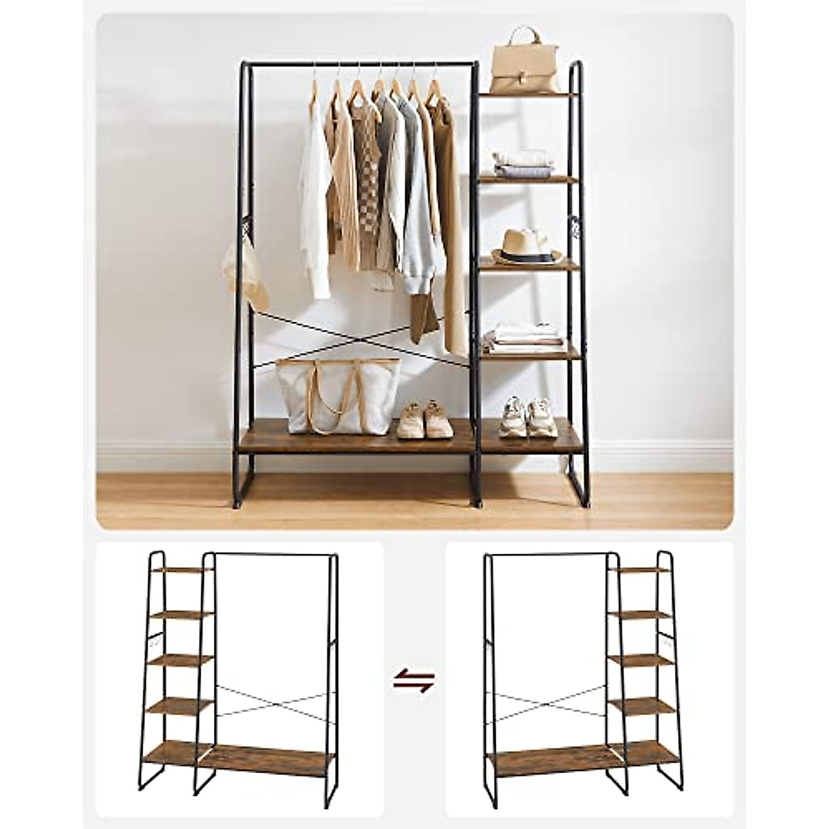 VASAGLE Clothes Rack, Clothing Rack with Shoe Shelf, 5-Tier Storage Rack, 6 Side Hooks, for Bedroom, Living Room, Rustic Brown and Black URGR116B01
