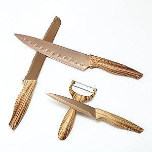 MAOMIDA Knife Set - Luxury rose Gold kitchen Knife set, titanium coated 4 piece stainless steel hollow handle golden kitchen knife set wood grain knife