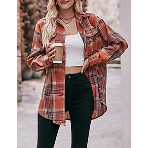 Oulivey Women Plaid Flannel Shirts Long Sleeve Oversized Button Down Boyfriend Blouse Tops (0066-Brown-XL)