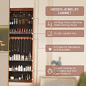 LVSOMT 360° Swivel Jewelry Armoire, Rotatable Full Length Mirror with Jewelry Storage, Standing Jewelry Cabinet with Coat Rack, Walnut, Soild Wood