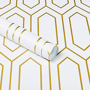 Safiyya Peel and Stick Wallpaper White and Gold Wallpaper Geometric Contact Paper Textured Wallpaper Modern Wallpaper Self Adhesive Removable Wallpaper for Bedroom Vinyl Roll 118"x17.3"