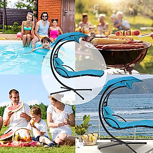 Dkelincs Hanging Lounge Chair, Outdoor Swinging Curved Chaise Lounge Chair with Canopy Umbrella and Pillow for Outside, Large Heavy Duty Egg Chair for Porch Patio Backyard Deck Blue