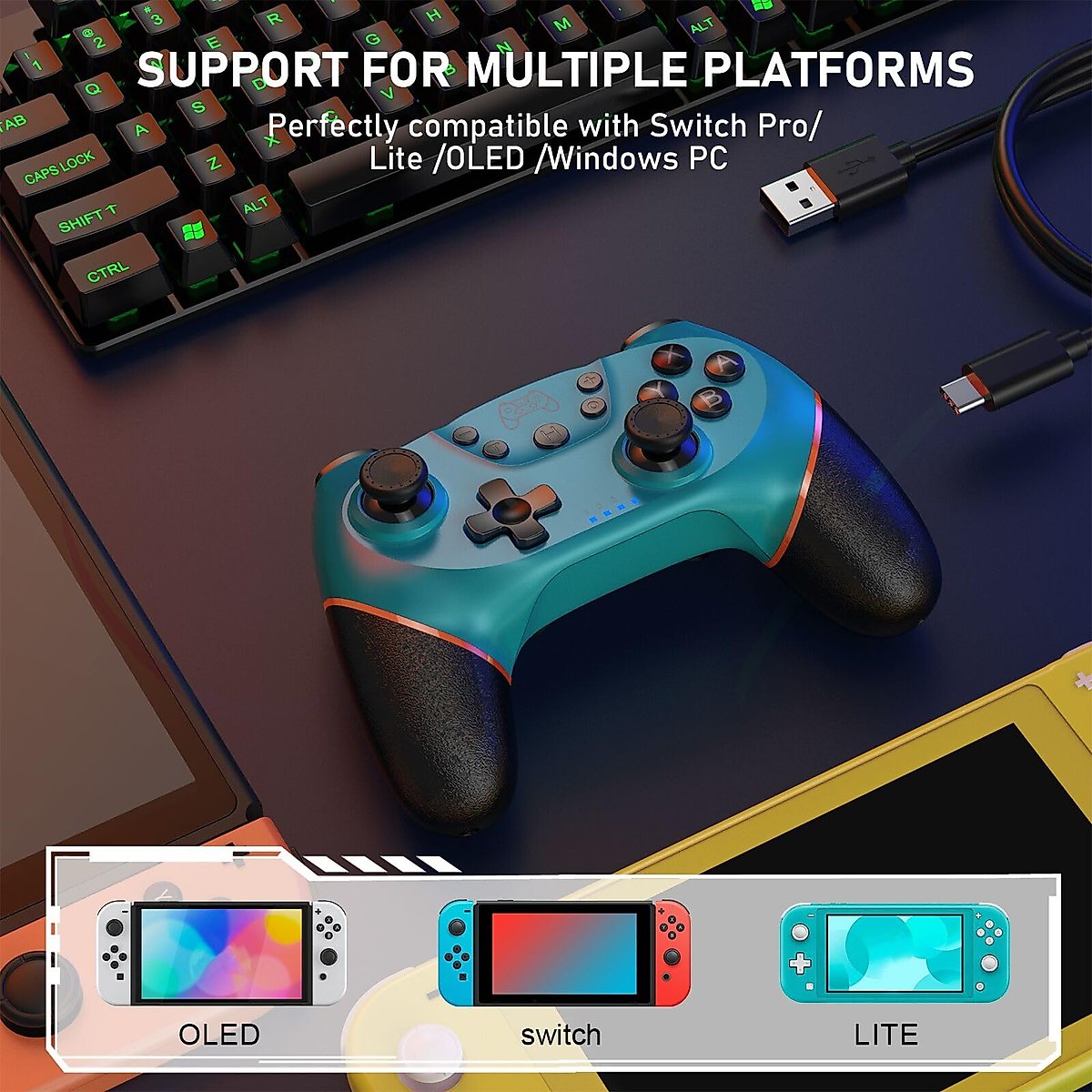 Diswoe Controller for Switch, Wireless Pro Controller for Switch/Switch Lite/Switch OLED, Remote Gamepad with Joystick, Adjustable Turbo Vibration with Programmable Function - Blue