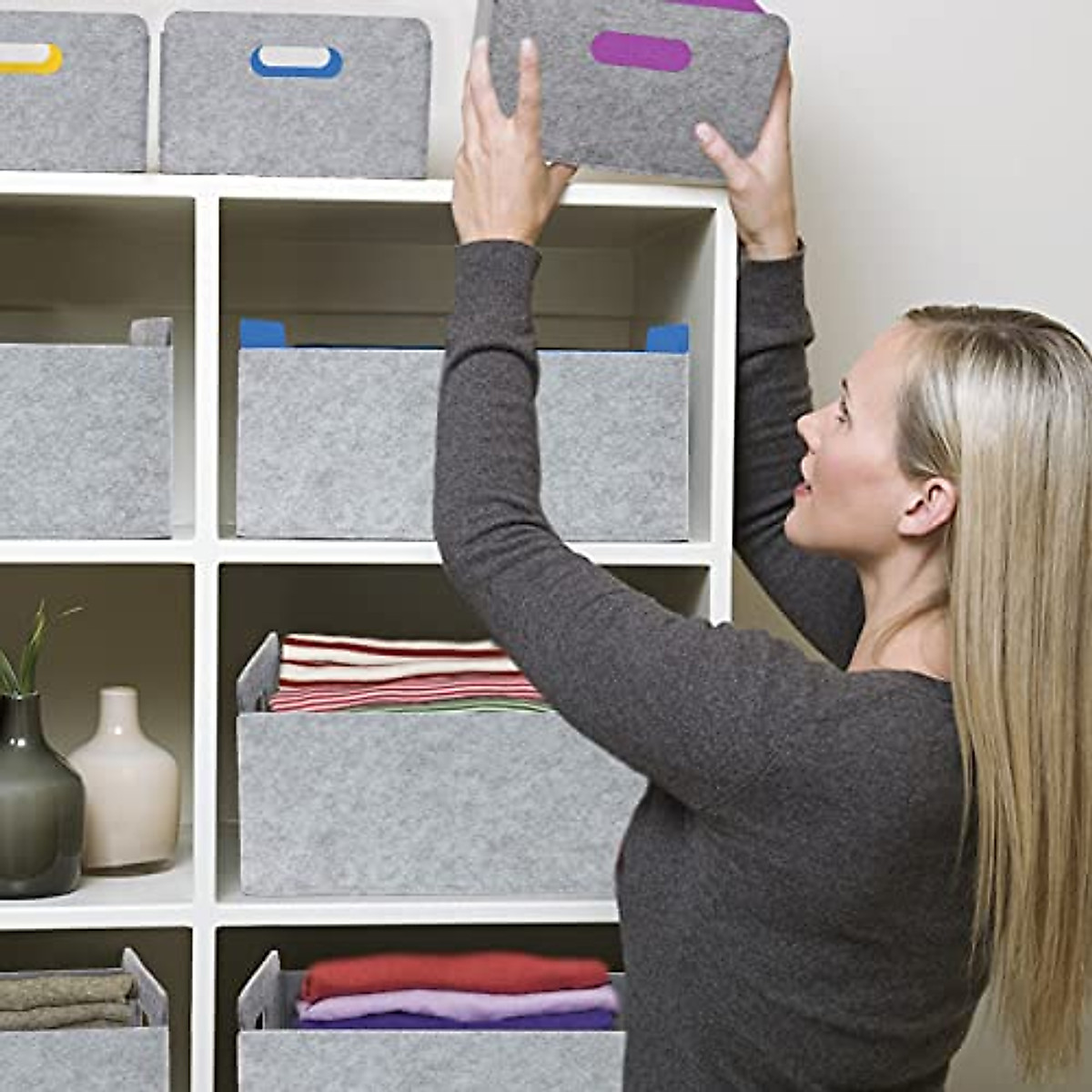 MYCOQU Felt Foldable Storage Basket, Storage Basket with Carry Handles, Toy Storage Box, Book Felt Storage Bin, Laundry Basket, Sundries Storage Bins, for Office/Bedroom/Kitchen (Purple)