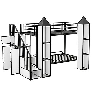 BOVZA Castle Shaped Bunk Bed with Wardrobe and Multiple Storage, Twin Over Twin Metal Bunk Bed Frame with Storage Staircase and Guardrails for Kids Boys Girls Teens, Black+White