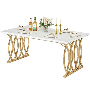 LITTLE TREE Modern Dining Table for 4-6 People, 63" Large Rectangular Kitchen Table with Faux Marble Tabletop and Geometric Legs, Unique Dinner Table Kitchen & Dining Room Furniture