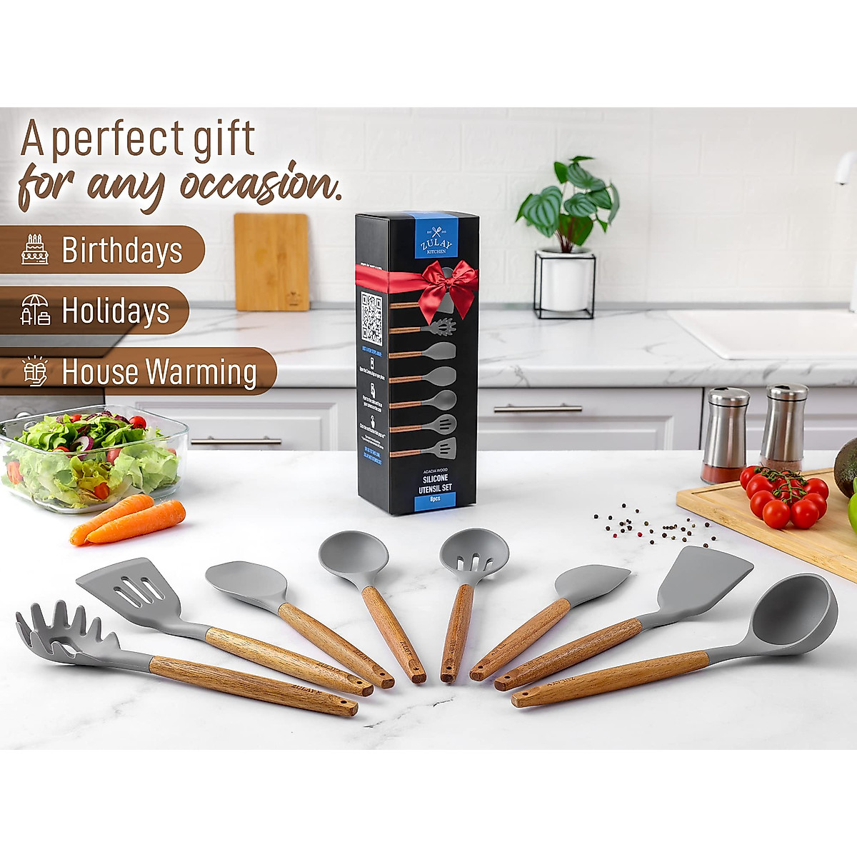 Zulay (8 Piece) Silicone Kitchen Utensils Set For Cooking - Non-Stick Silicone Cooking Utensils Set With Acacia Wood Handle - Heat Resistant Spatula Set - Flexible Silicone Kitchen Set