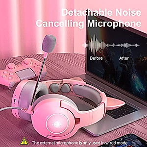 PHOINIKAS Wireless Gaming Headset with Cute Cat Ears, Wired for PS5, PS4, PC, Nintendo Switch, Q9 Over Ear Kitty Headphones with Detachable Mic, Bluetooth Headphones for Phone, Gift for Girls (Pink)