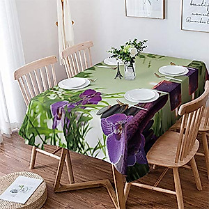 Cotton Linen Tablecloth Zen Spa Wrinkle-Free Table Cloth Cover Butterfly Orchid Zen Basalt Stones Candle Purple Table Decorative for Wedding Dinning Party Banquet Tabletop Rectangle/Oblong, 54"Wx87"L