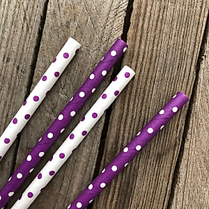 Purple and White Paper Straws - Polka Dot - 7.75 Inches - 50 Pack