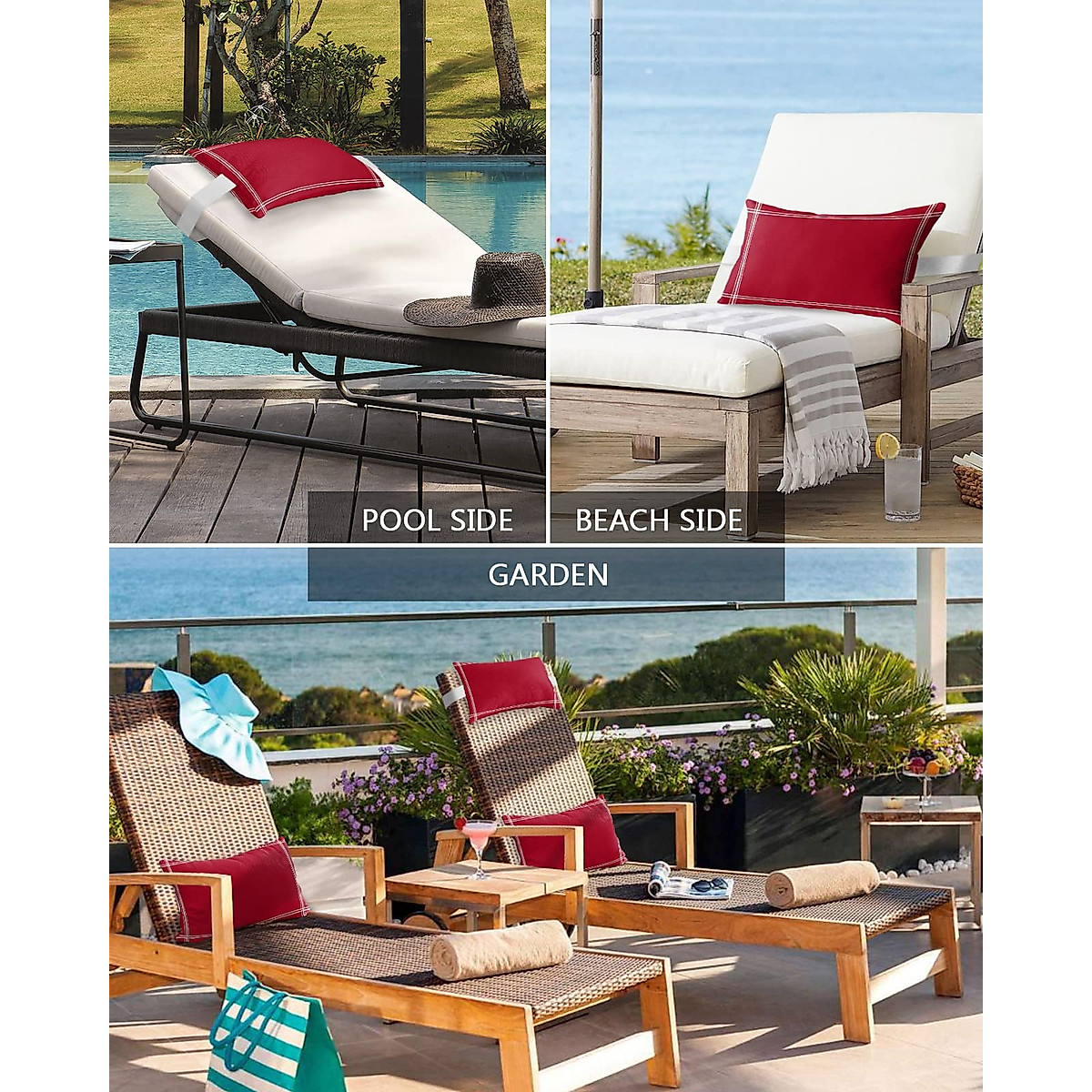 T&H XHome Outdoor Pillow for Chaise Lounge Chair, Solid Color Red Waterproof Headrest Pillow Lumbar Pillows with Insert & Adjustable Elastic Strap for Beach, Poolside, Patio, Office (2 Pack)