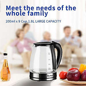 Electric Kettle with Glas,Electric Glass Kettle and Tea Maker with Temperature Controls 110V 1500W 1.8L Glass Electric Kettle with Filter, Stainless Steel Lid & Bottom