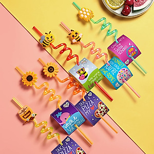 24 Bee Party Favors Bee Sunflower Honey Drinking Straws Goodie Gifts for Kids Birthday Party Supplies with 2 PCS Cleaning Brushes