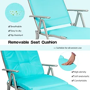 Giantex Chaise Lounge Chair for Outside, Pool Folding Reclining Beach Chair W/Removable Cushion&Headrest Pillow, Outdoor Lounge Chaise w/ 7 Backrest Positions, Portable Patio Lounger (1, Turquoise)