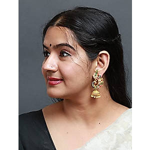 Bindhani Indian Bollywood Style Gold Toned Peacock Meenakari Jhumka Earrings For Women