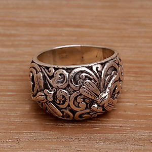 NOVICA Artisan Handmade .925 Sterling Silver Domed Ring 925 Dragonfly Motif Cocktail Indonesia Animal Themed 'Vine Palace'