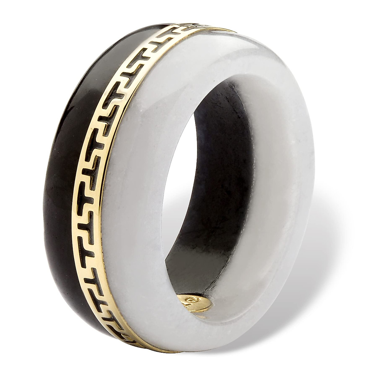 PalmBeach 14K Yellow Gold Round Genuine Black and White Jade Greek Key Ring Sizes 5-10 Size 9