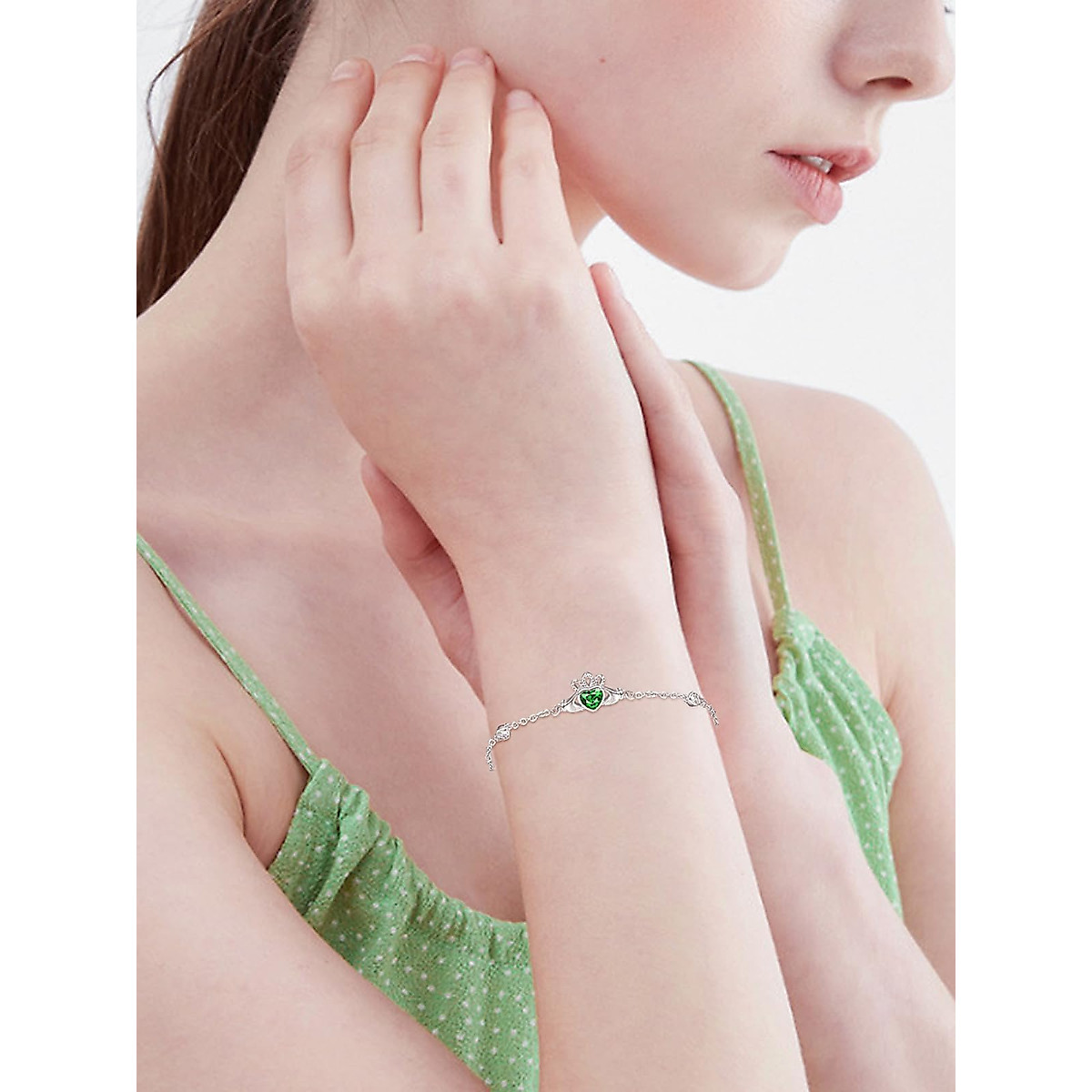 Dreamboat Claddagh Bracelet Irish Jewelry for Women Heart Bracelets Emerald Green Bracelets May Birthstone Bracelet Sterling Silver Adjustable Bracelets Birthday Gifts for Mom
