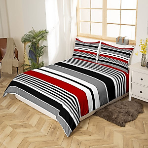 Modern Stripes Bedding Set Twin Size for Kids Boys Bedroom,Red Black Gray Bed Duvet Cover Set,Lines Art Comforter Cover Simplicity Decor 2 Pieces 1 Duvet Cover with 1 Pillowcase No Comforter