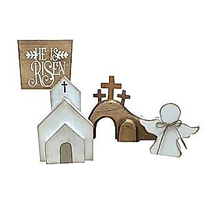 Jesus Tomb Easter Tray Bundle Kit, Easter Resurrection Scene,Wooden Easter Jesus Sign Tiered Tray Decorations, He is Risen Easter Tiered Tray Decor Farmhouse Ornament, Easter Decor for Home Office