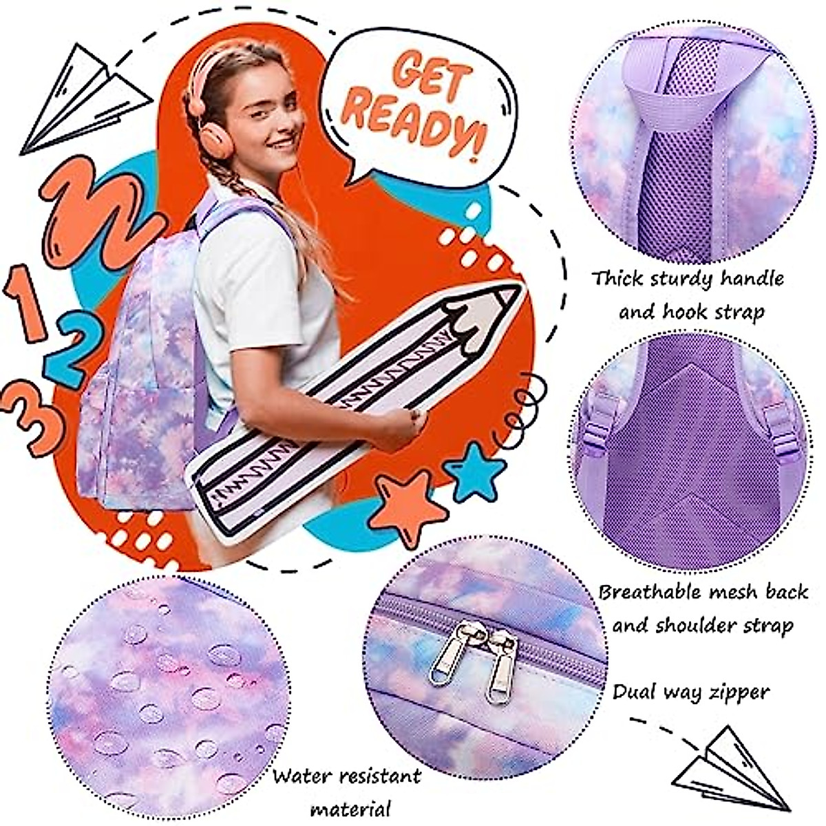 Jumpopack Backpack for Girls School Backpack for Girls Backpack for Elementary Middle School Bag for Kids Bookbag Teen Girls Backpack with Lunch Box (Tie Dye Purple)