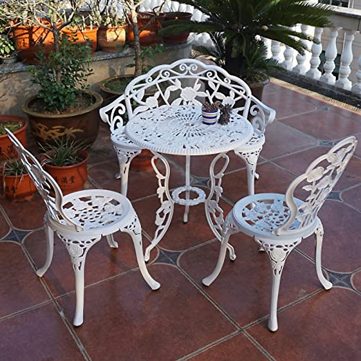 KAI LI Outdoor Outdoor Tables and Chairs cast Aluminum Four Piece Set, Including a Table, Two Round Chairs and a Bench Rose White Style Swimming Pool Leisure