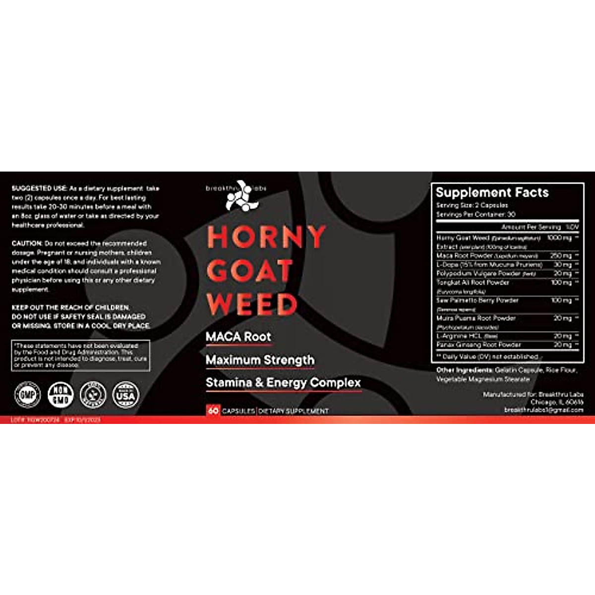 Horny Goat Weed by Breakthru Labs 1000mg Max Strength - Maca Root, Ginseng, Tongkat Ali Root, Saw Palmetto, L-Arginine - USA Made - Stamina and Energy Complex - 2-Pack 120 Count