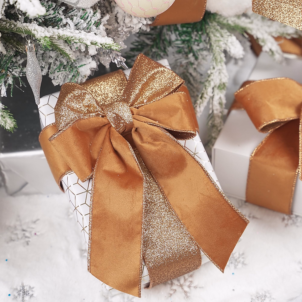 HUIHUANG Copper Christmas Wired Ribbon 2-1/2" Copper Velvet Tree Ribbon with Glitter Copper Backing, for Christmas Tree, Tree Top Bows, Wreath, Garland, Home Decor Crafts- 10 Yards