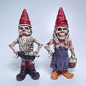 JARPSIRY 2PCS Male and Female Halloween Skeleton Gnome Couple Garden Gnomes Statue Zombie Gnome Sculptures Resin Dwarf Figurines for Indoor Home Ornaments Outdoor Patio Yard Lawn Porch Decor