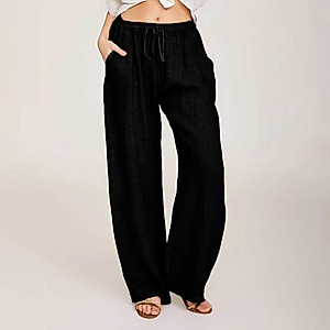 Long Linen Pants for Women Tall, Wide Leg Pants for Women Summer High Waisted Boho Cotton Linen Palazzo Pants Casual Flowy Lounge Trousers with Pockets Black XL