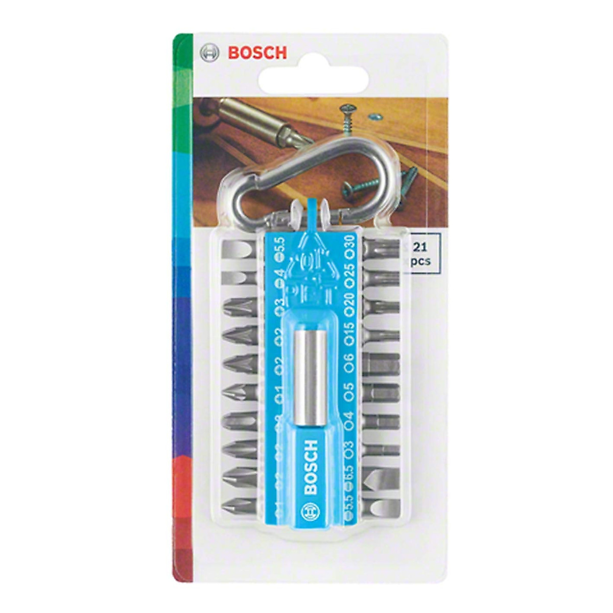 Bosch 2607002822 21 Piece Screwdriver Bit Set Blue (with Magnetic Bit Holder, Carabiner, Accessory for Electric Screwdrivers)