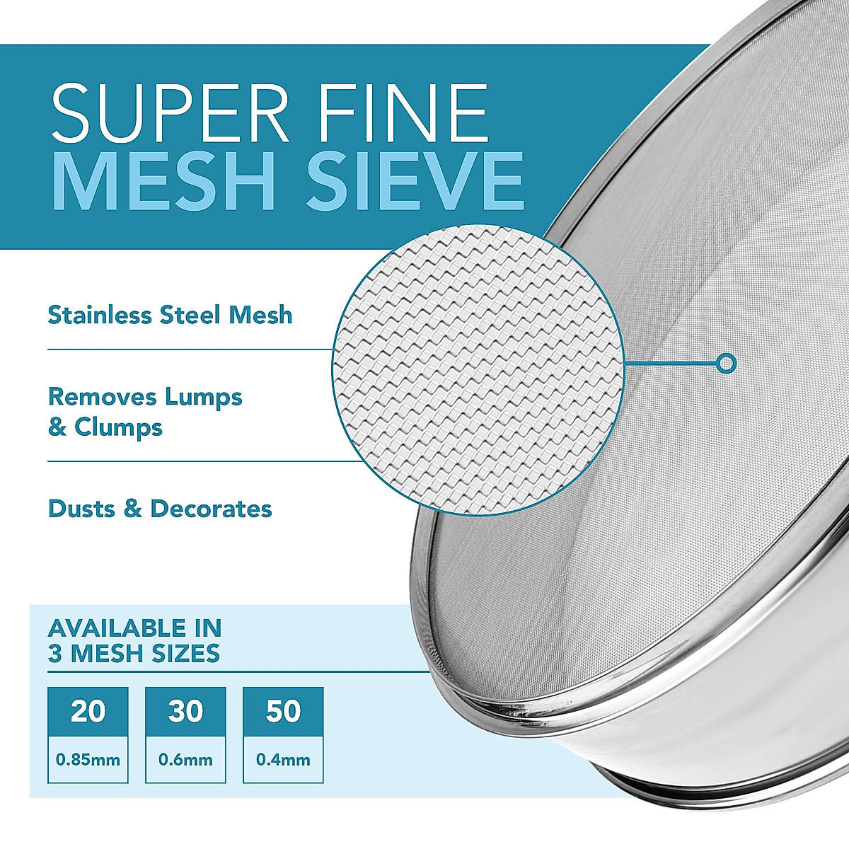 Vollum Stainless Steel Flour Sifter Fine Mesh Round Flour Sifter for Baking 8" Diameter x 2.5" High; Mesh-Hole Size 0.85mm