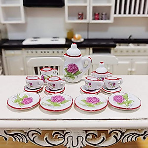 15 Pack Miniature Ceramic Doll Tea Set Dollhouse Tea Cup Set Decoration Accessories for Scale 1:12 Dollhouse Craft (Confederate rose)