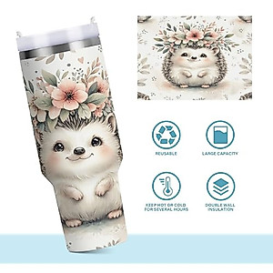Maunzc 30 oz Tumbler with Handle and Straw, Insulated Stainless Steel Travel Mug with Lid for Coffee, Iced Tea, Water, Gift for Men Women (Watercolor Hedghog)