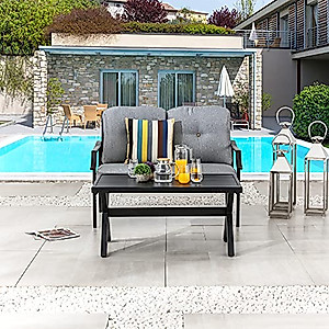 LOKATSE HOME 2 Pieces Outdoor Patio Conversation Furniture Metal Bench Sofa Set Loveseat with Cushion and Coffee Table, Grey