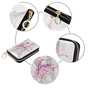 susiyo Paris Eiffel Tower Ballerina Dancing Girl Credit Card Wallet, RFID Blocking Compact Women Leather Card Holder Zipper Purse