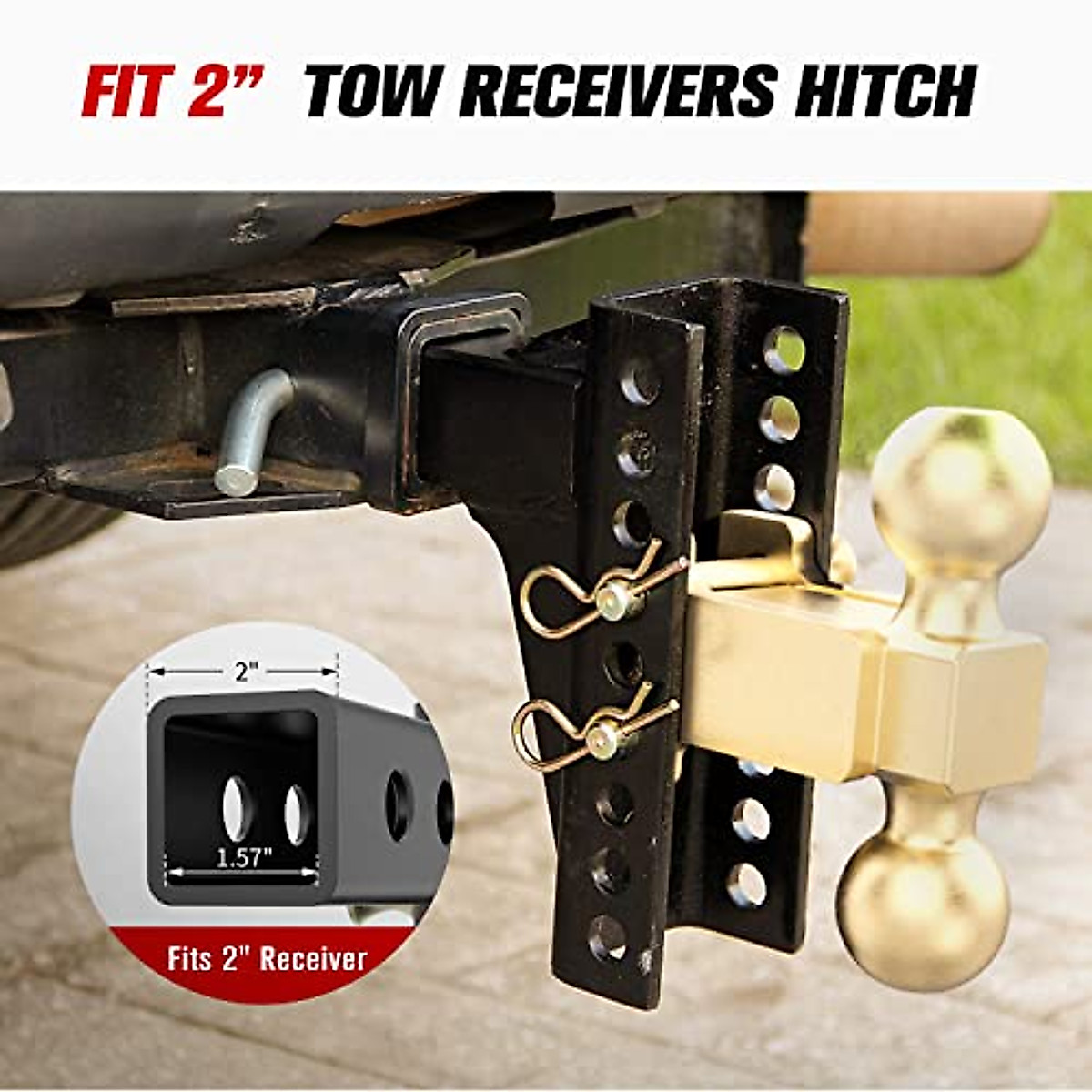 FieryRed Adjustable Trailer Hitch Ball Mount, 6-Inch Drop, 5-1/4-Inch Rise, 2-Inch and 2-5/16-Inch Tow Balls, 10,000 lbs. Fits 2" Receiver