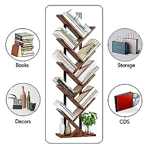 Yusong Tree Bookshelf, Geometric Bookcase with Steel Pipe for Living Room Bedroom, Floor Standing Shelves for Home Office (Rustic Brown, 9 Tier)