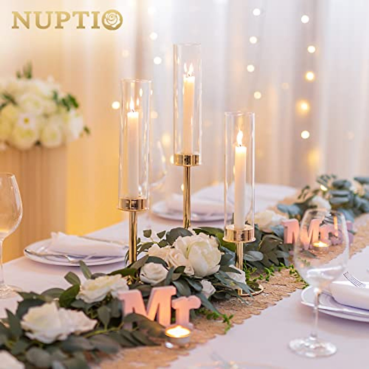 Nuptio Gold Candlestick Holder Tall Hurricane Candle Holder Set of 3 Taper Candle Holders Candle Stand Glass Cover Candlesticks Holders Table Centerpiece for Wedding Party Birthday Christmas Decor