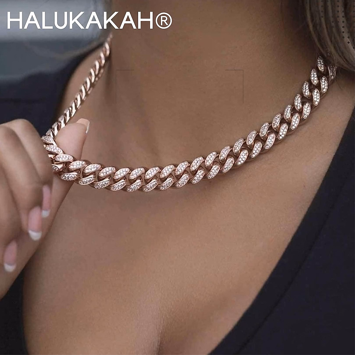 Halukakah Gold Chain for Men Iced Out,14MM Rose Gold Plated Diamond Cuban Link Chain Necklace 18",Lab Dimaonds Prong Set,Gift for Him