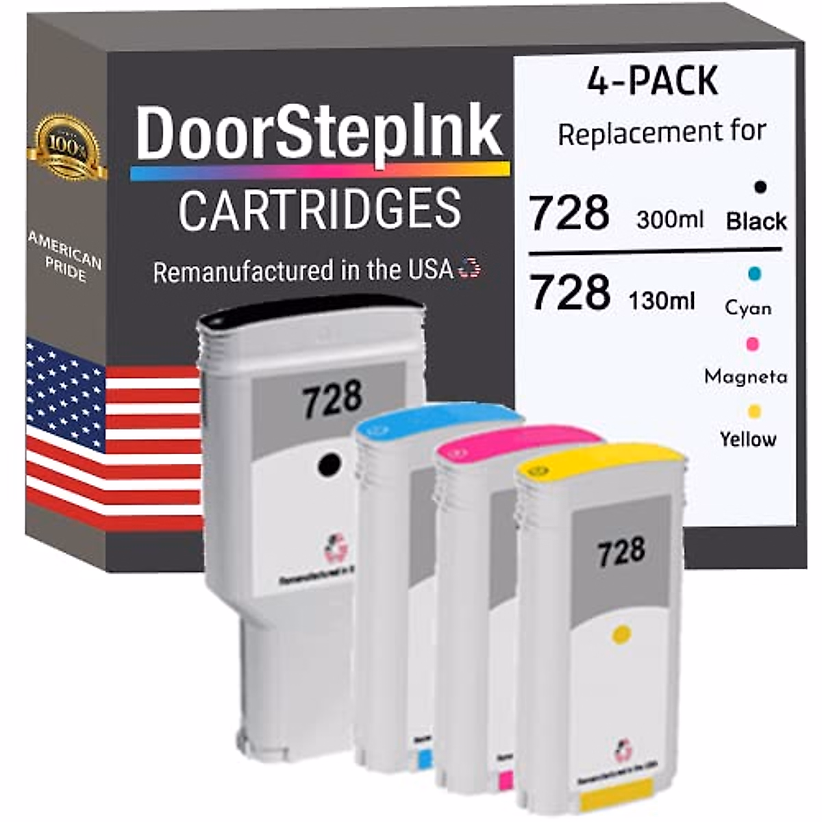 DoorStepInk Remanufactured in The USA Ink Cartridge Replacements for HP 728 300ml Matte Black, 130ml Cyan Magenta Yellow 4PK for Printers DesignJet T730 36-in T830 24-in T830 36-in