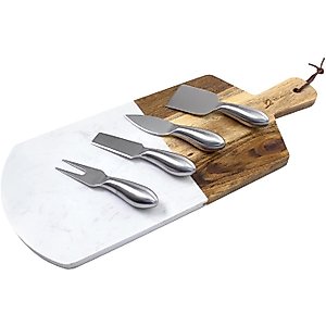 Zelancio Marble and Acacia Wooden Serving Cheese Board, 6 Piece Set Includes Stainless Steel Cheese Tools, Serving Paddle, Wood Cheese Knife Holder with Integrated Magnets