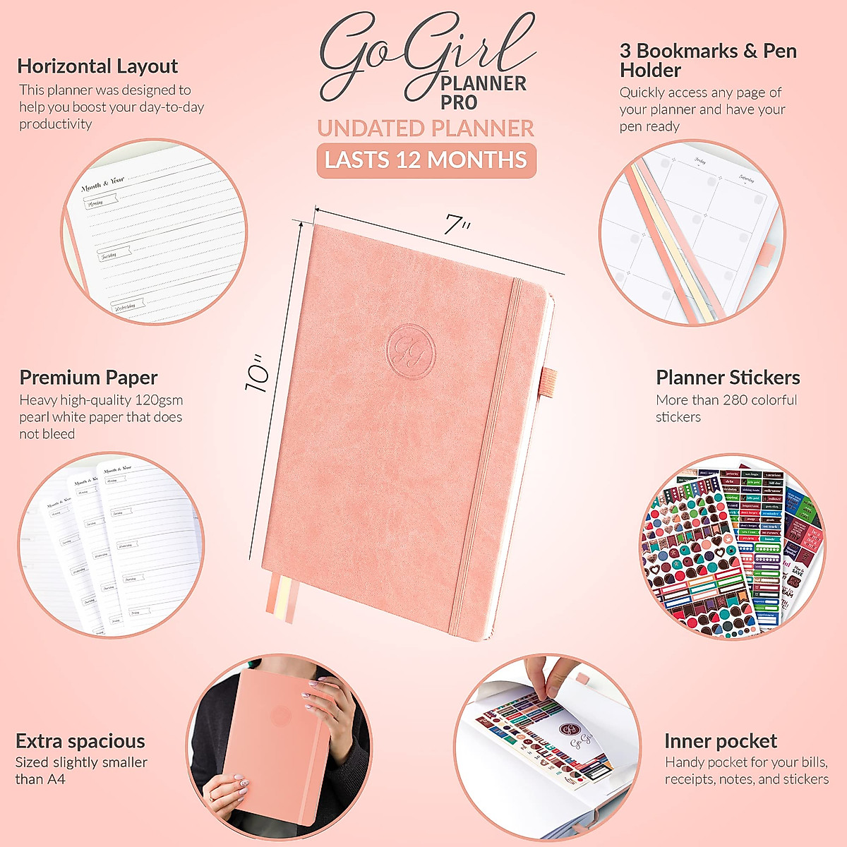 GoGirl Planner PRO - Undated Horizontal Layout Weekly Planner and Organizer + Budgeting and Expense Tracking Pages, Goals Journal & Agenda, 7" x 10" Hardcover, Lasts 1 Year - Peach Pink