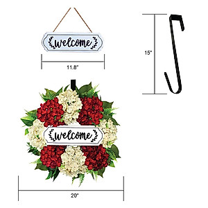 Artificial Flower Wreath, OrgMemory Floral Wreath, (Welcome Sign, 20”, Metal Hanger), Spring Wreath for Home Party Festival Wedding Decor (Scarlet and Ivory)
