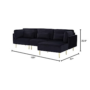 SONGG 105” L-Shaped Modern Convertible Sectional Sofa, Velvet Fabric Upholstered Couch, with Chaise Detachable, Washable Cover and Ottoman, for Living Room, Black