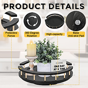 12" Wood Lazy Susan Turntable, Kitchen Countertop Lazy Susan Organizer Turntable with Guardrail Sides, 360 Degree Turntable for Countertop Cabinet Closets Dining Table, Decorative Serving Tray, Black